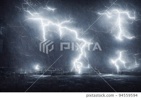Lightning strikes over the skyline of fantasy city-插圖素材 [94559594 ...