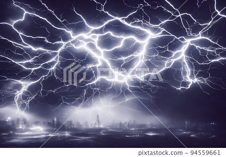 Lightning strikes over the skyline of fantasy city - Stock Illustration ...