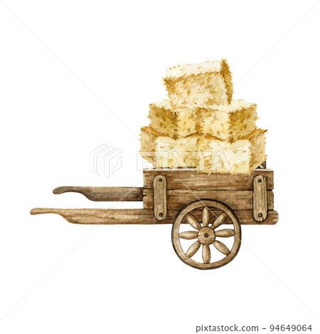 Wooden wheel cart with hay bricks. Watercolor... - Stock Illustration ...