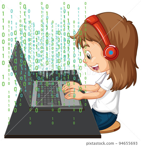 A girl using laptop with binary code - Stock Illustration [94655693 ...