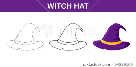 Witch Hat tracing and coloring worksheet for kids - Stock Illustration ...