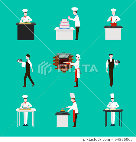 Cooking with chef figures vector icons set - Stock Illustration ...