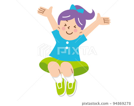 A cheerful girl who raises her hands and banzai - Stock Illustration ...