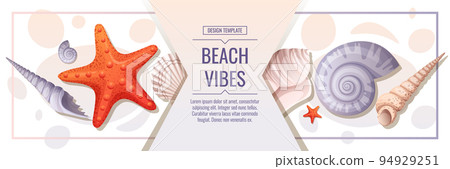 Nautical banner with shells and starfish. Beach... - Stock Illustration ...