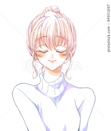 A woman with a dumpling head wearing a sweater,... - Stock Illustration ...