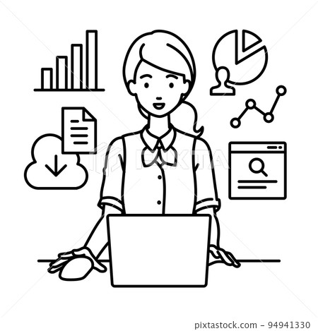 A woman in a clerk uniform doing research, data... - Stock Illustration ...