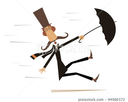 Cartoon man, umbrella and windy day. Funny... - Stock Illustration ...