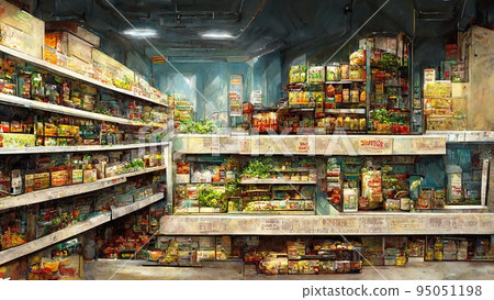Supermarket grocery shop aisle with products on... - Stock Illustration ...