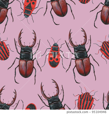 Seamless pattern with realistic stag beetles,... - Stock Illustration ...