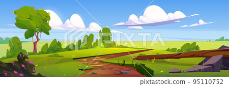 Cartoon nature landscape, rural dirt road, field - Stock Illustration ...