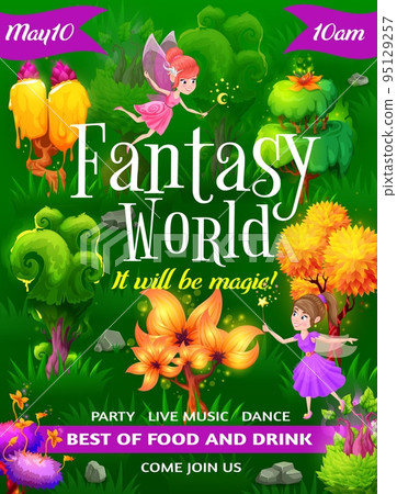 Fantasy world party flyer, fairy characters and...-插圖素材 [95129257 ...