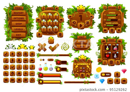 Jungle game interface. Ui game buttons, gui... - Stock Illustration [95129262] - PIXTA