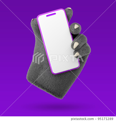3d furry wolf hands holding mobile phone in... - Stock Illustration ...