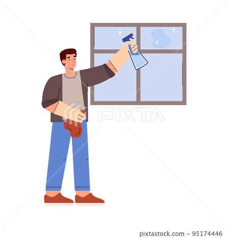 Man cleaning the window with spray flat cartoon... - Stock Illustration ...