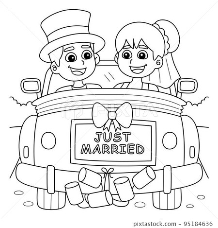 Wedding Car Bride Groom Just Married Coloring - Stock Illustration ...