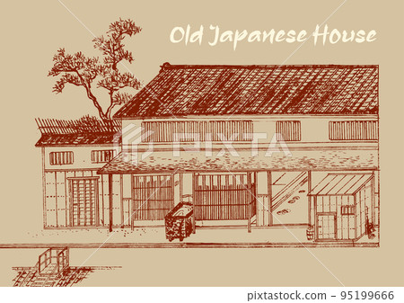 Edo period townscape black and white line... - Stock Illustration ...
