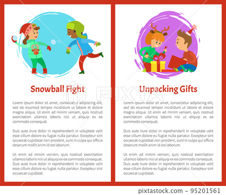 Snowball Fights and Unpacking Gifts Postcards - Stock Illustration ...