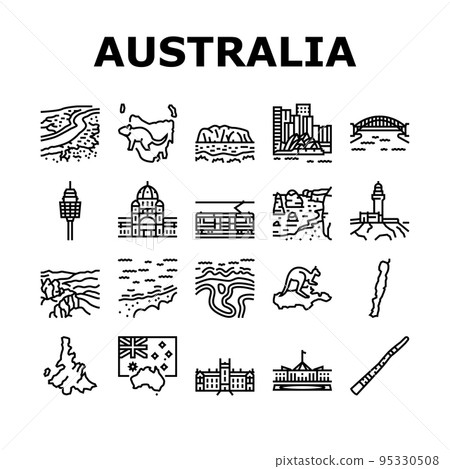Australia Continent Landscape Icons Set Vector - Stock Illustration ...