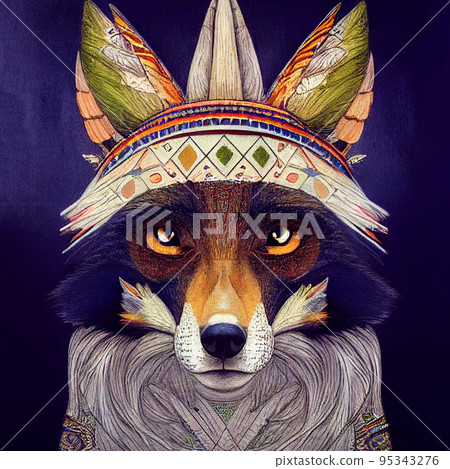 Red tribal fox portrait. Vintage hand drawn... - Stock Illustration ...