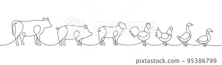 Farm animals one line continuous drawing. Cow,... - Stock Illustration ...