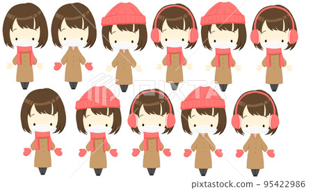 A set illustration of a woman wearing cold... - Stock Illustration ...