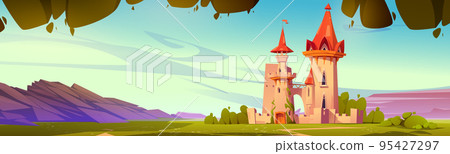Fairy tale castle in green valley, mountains-插圖素材 [95427297] - PIXTA圖庫