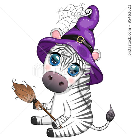 Cute zebra in witch hat, with broom, pumpkin... - Stock Illustration ...