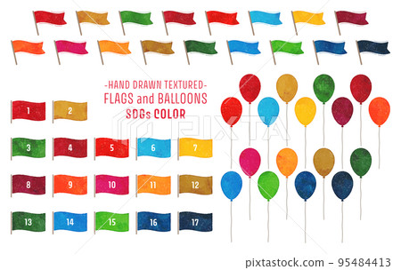 Set of SDGs color hand-drawn flags and balloons... - Stock Illustration ...