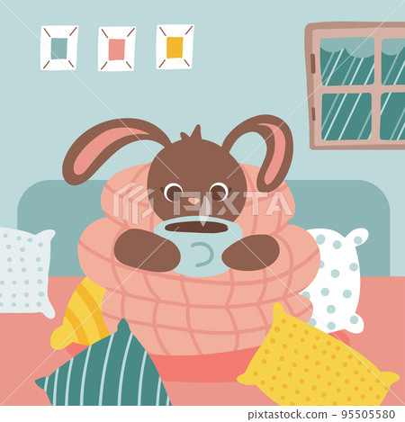 Cute rabbit wrapped in a blanket. Cozy bunny...-插圖素材 [95505580] - PIXTA圖庫