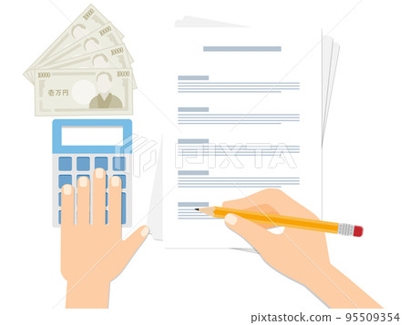 Hands and money filling out paperwork while... - Stock Illustration ...