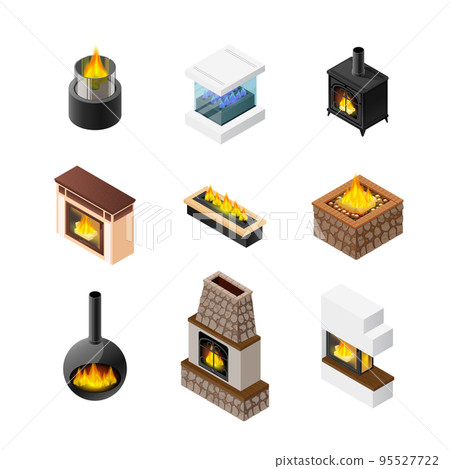 Isometric Fireplace Icon Set - Stock Illustration [95527722] - PIXTA