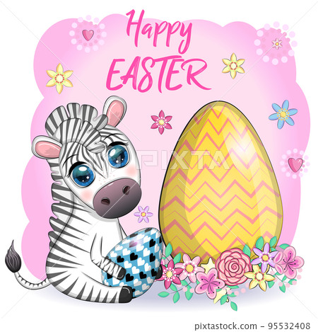Zebra with Easter egg, flowers. Easter greeting... - Stock Illustration ...