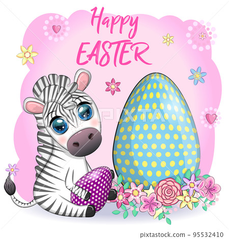 Zebra with Easter egg, flowers. Easter greeting... - Stock Illustration ...