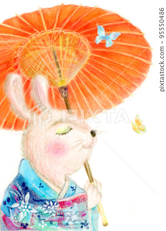 Japanese-style rabbit holding a Japanese... - Stock Illustration ...