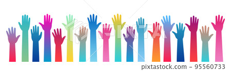 Raised hands. Multicolor gradient hands raised... - Stock Illustration ...