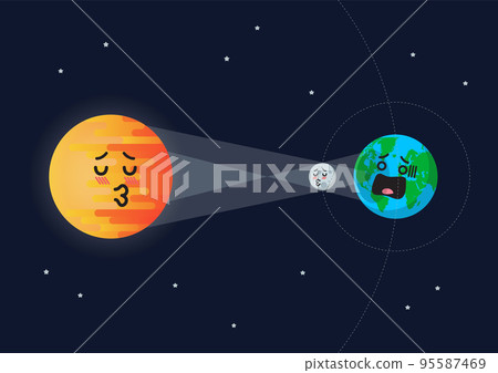 Funny cartoon emoji Sun Moon Earth Solar eclipse - Stock Illustration ...
