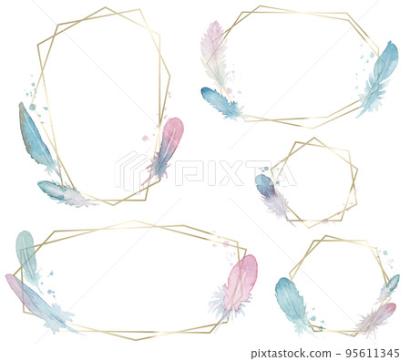 Set of hand drawn feathers and gold frames - Stock Illustration ...