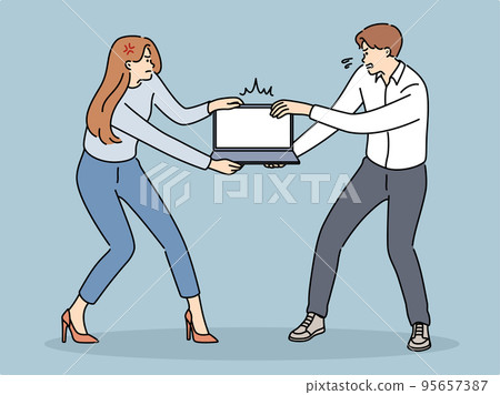 Angry businesspeople fighting for computer - Stock Illustration ...