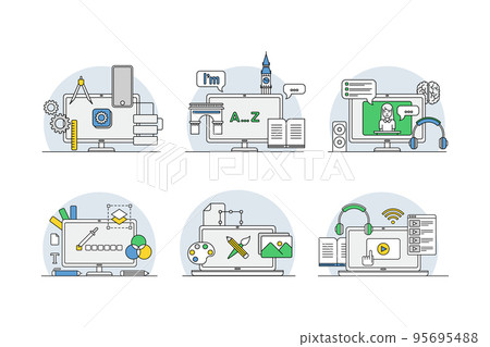 Computer programs on screen set. Management,... - Stock Illustration ...