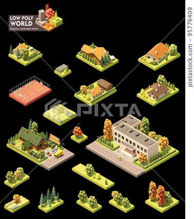 Vector isometric town map elements. Buildings... - Stock Illustration ...