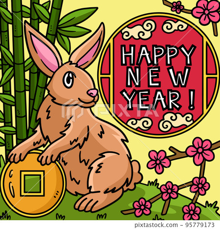 Happy New Year Rabbit Colored Cartoon Illustration - Stock Illustration ...