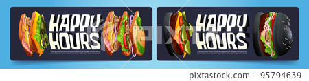 Happy hours posters with burger and sandwich - Stock Illustration ...