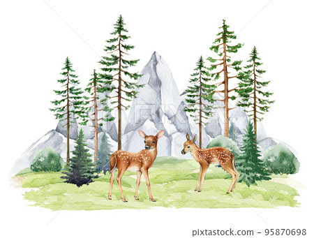 Small fawns in nature forest landscape scene.... - Stock Illustration ...