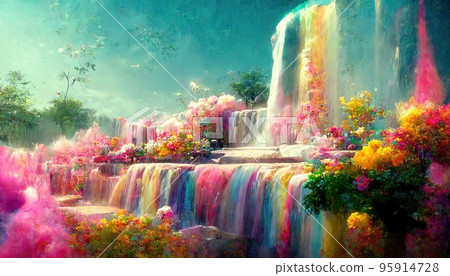 A fantastically painted multi-colored waterfall - Stock Illustration ...