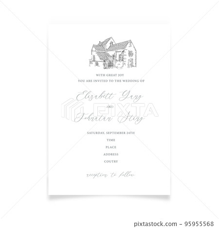 Wedding invitation with sketch house in... - Stock Illustration ...