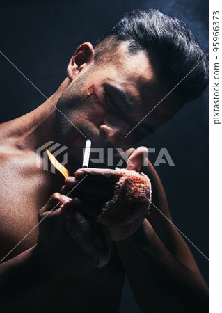 Boxer, man and cigarette smoking after fight,... - Stock Photo ...