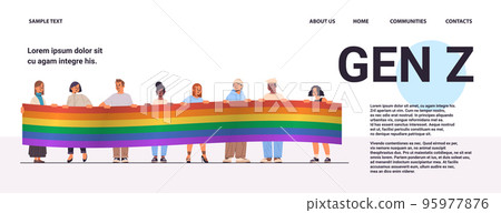 mix race people holding lgbt rainbow flags gay... - Stock Illustration ...