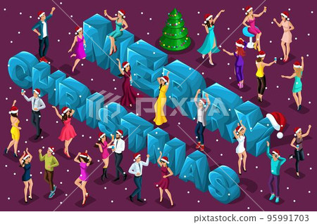 Isometric celebration, men and women have fun... - Stock Illustration ...