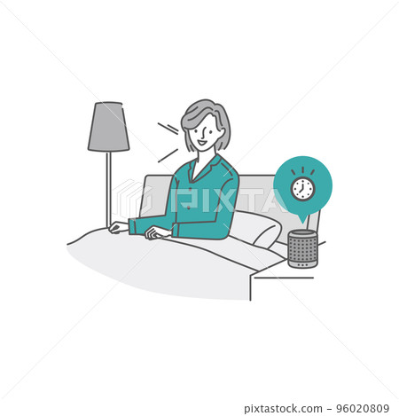 Young woman setting alarm on smart speaker - Stock Illustration ...