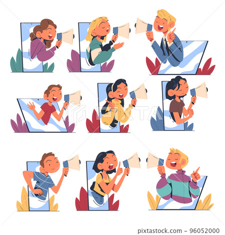 People Characters with Megaphone Shouting from... - Stock Illustration ...